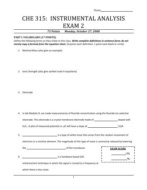 CHE 315: INSTRUMENTAL ANALYSIS EXAM 2
