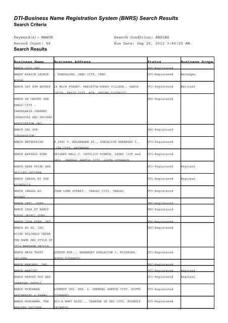 DTI-Business Name Registration System (BNRS) Search Results
