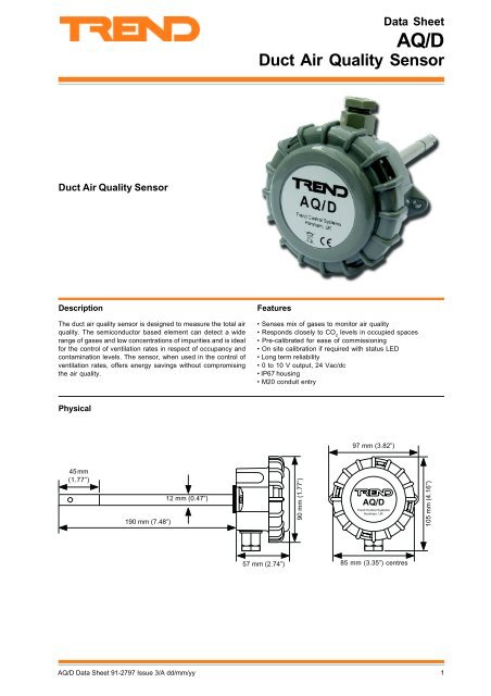 AQ/D Duct Air Quality Sensor Data Sheet - Trend Controls