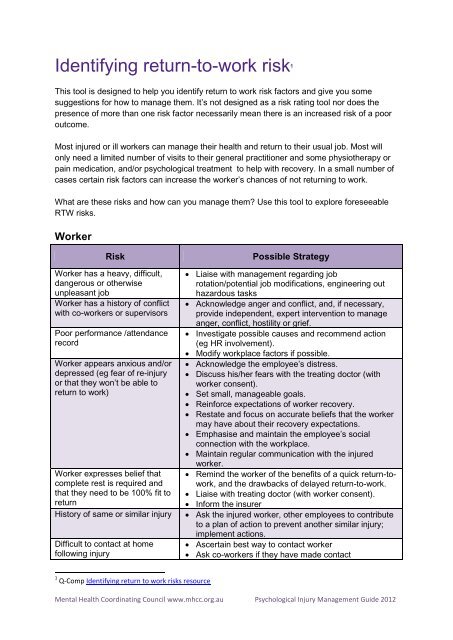 Identifying Return to Work Risk - Psychological Injury Management ...