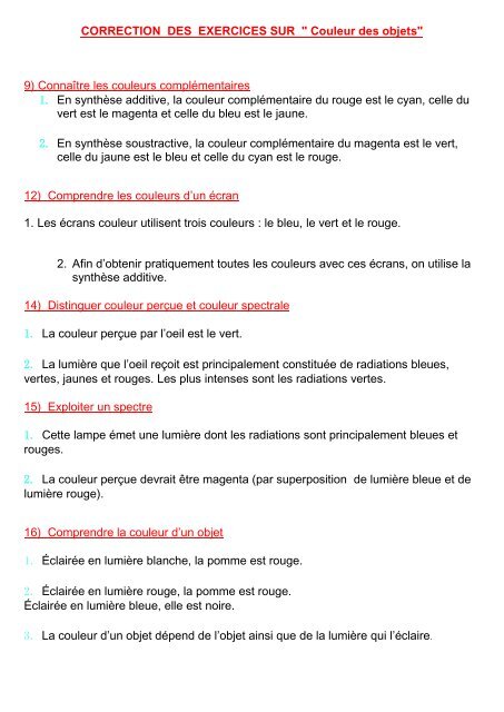 CORRECTION EXERCICES SUR SYNTHESE DE COULEUR