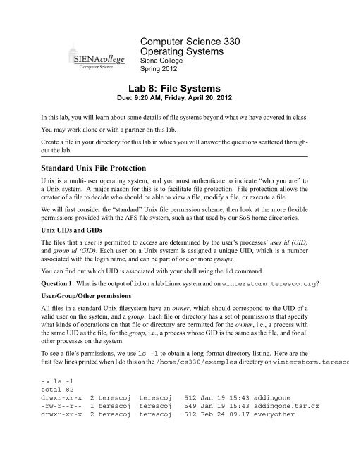 Computer Science 330 Operating Systems Lab 8 File Courses 