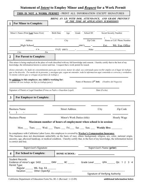 Statement of Intent to Employ Minor and Request for a ... - Palmdale