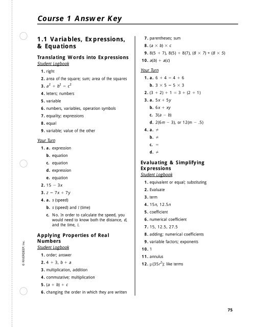 Course 1 Answer Key