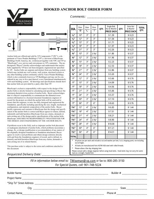 HOOKED ANCHOR BOLT ORDER FORM - VP Buildings