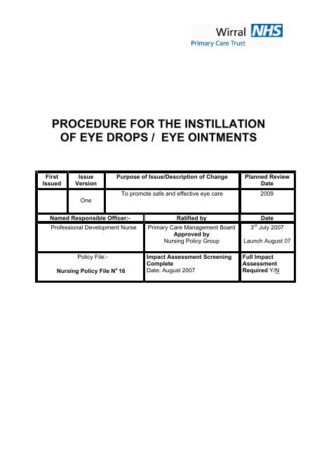 procedure for the instillation of eye drops / eye ointments