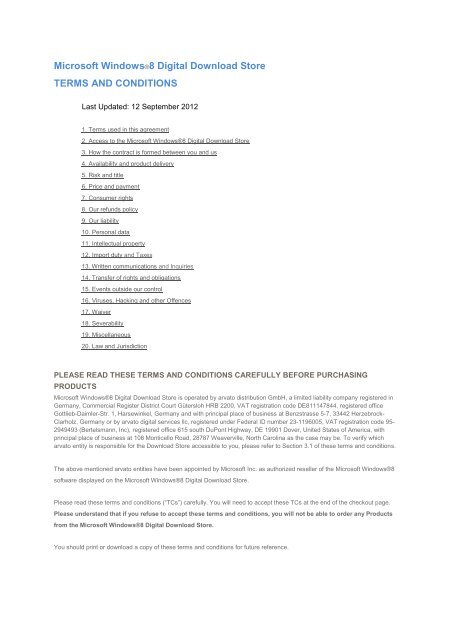 Microsoft Windows®8 Digital Download Store TERMS AND ...