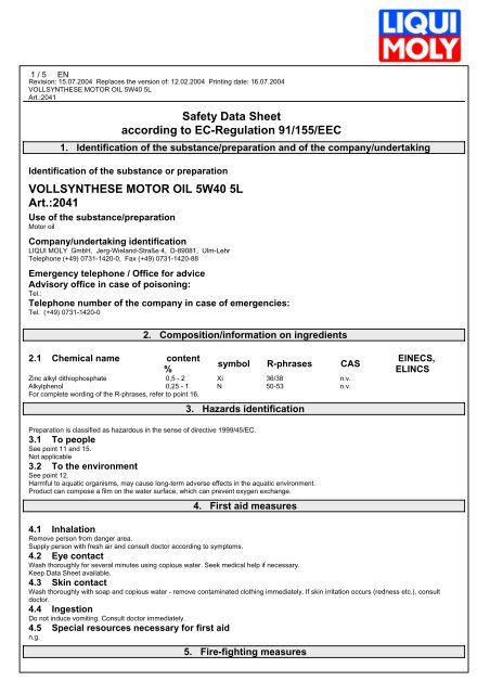 Safety Data Sheet according to EC-Regulation 91/155/EEC ...