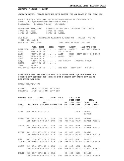 Colt International Sample - Flight Plan