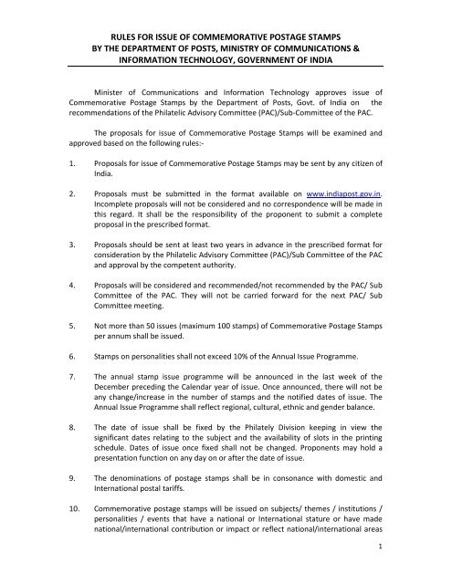 Rules for issue of Commemorative Postage Stamps - India Post