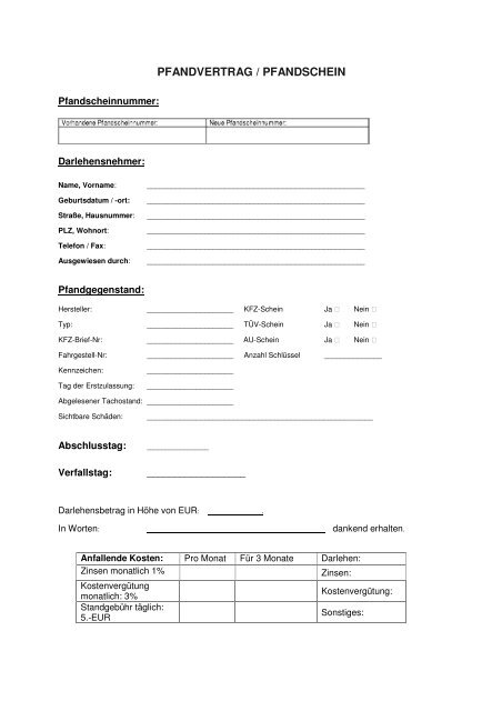 pfandvertrag / pfandschein