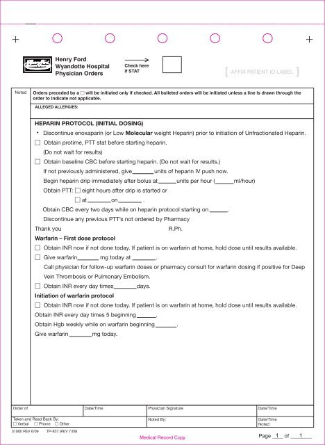 Henry Ford Wyandotte Hospital Physician Orders HEPARIN ...