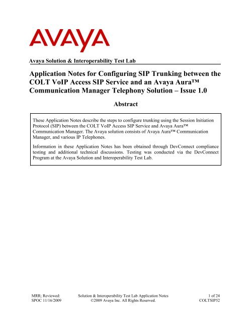 Application Notes For Configuring Sip Trunking Between The Colt