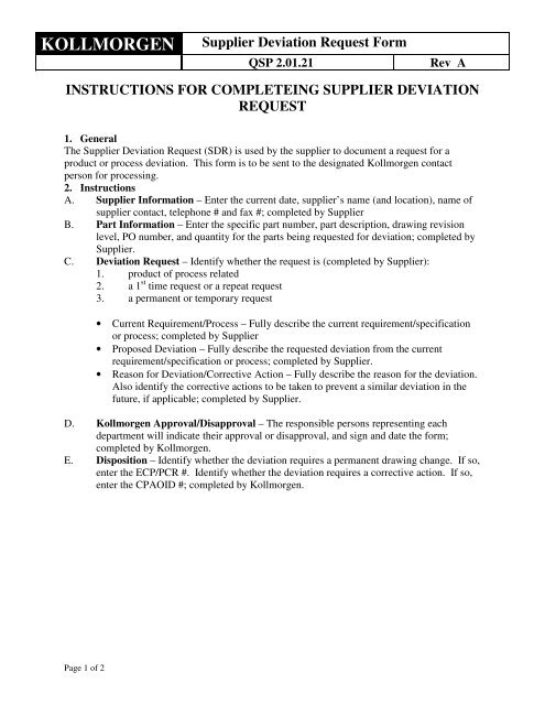 instructions for completeing supplier deviation request - Kollmorgen