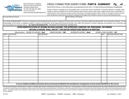 CROSS CONNECTION SURVEY FORM : PART B ... - City of Barrie