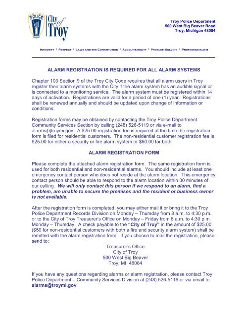 Alarm Registration Form - Troy Police Department
