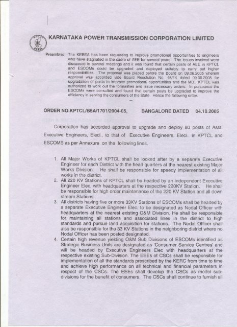 12. Upgradation of 80 Posts of AEE to - KPTCL