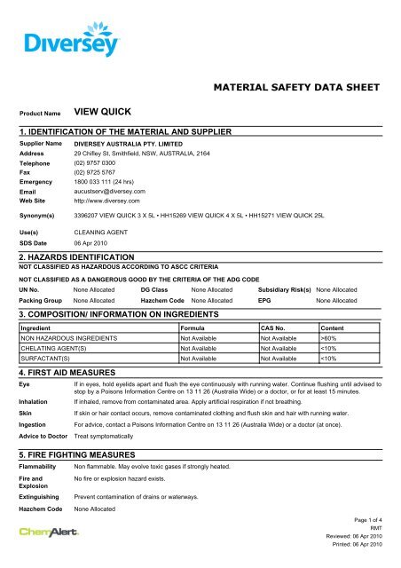 Diversey - View Quick - msds - Rapidcleanperth.com.au