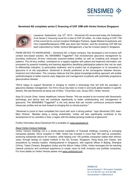 Sensimed AG completes series C financing of CHF 25M with Vertex ...