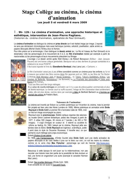 Stage Collège au cinéma, le cinéma d'animation - Cinémas ...