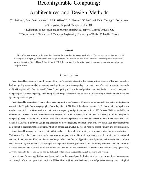 Reconfigurable Computing Architectures And Design Methods