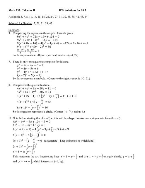 Math 237. Calculus II HW Solutions for 10.3 Assigned: 3 ... - Frostburg