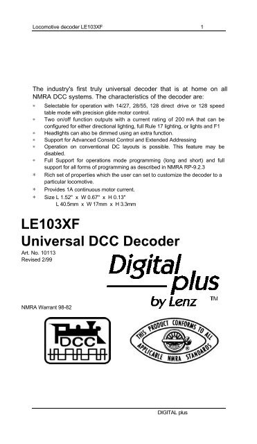 LE103XF Universal DCC Decoder - Lenz USA