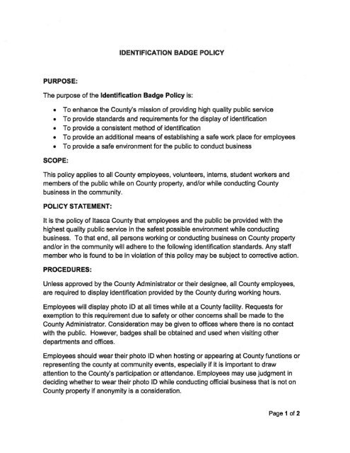 IDENTIFICATION BADGE POLICY PURPOSE: The ... - Itasca County