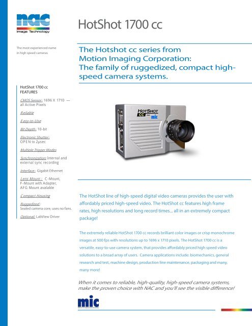 MIC HotShot 1700 cc High-speed Digital Video Camera - NAC