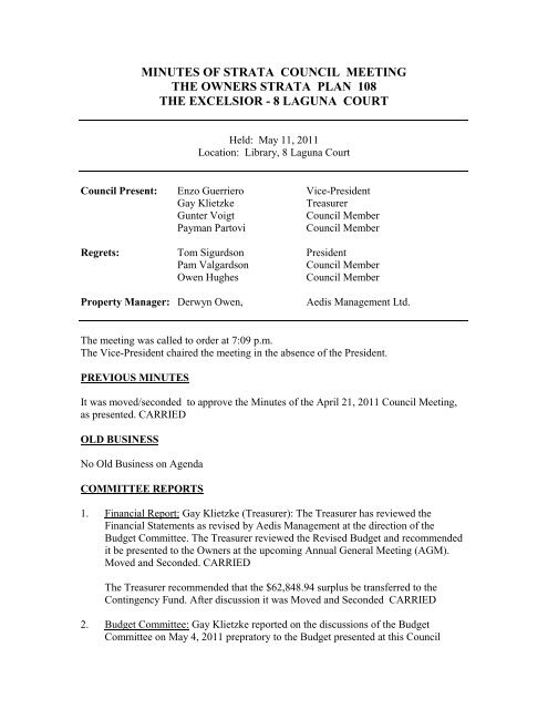 MINUTES OF STRATA COUNCIL MEETING - Ocean Bay Management