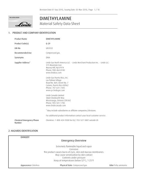 DIMETHYLAMINE - (MSDS) - Linde Gases