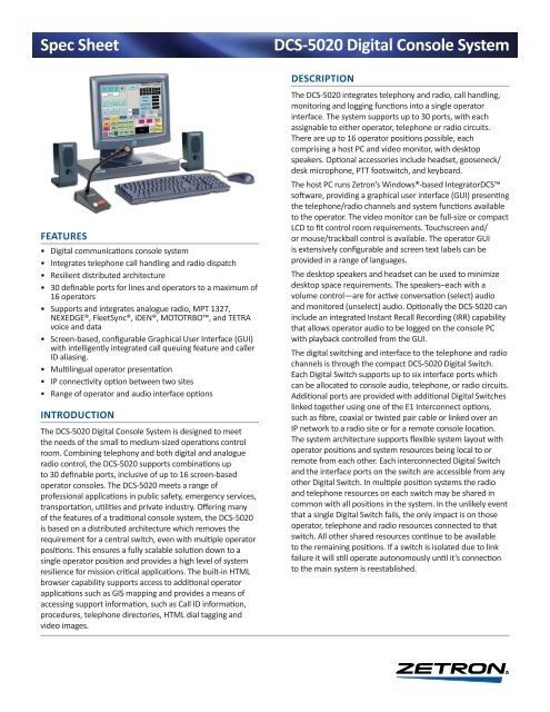 DCS-5020 Digital Console System Spec Sheet - Zetron