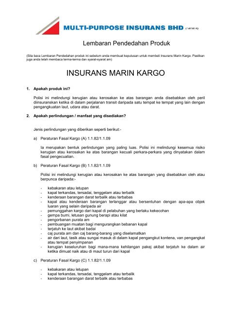 INSURANS MARIN KARGO - Multi-Purpose Insurans Bhd