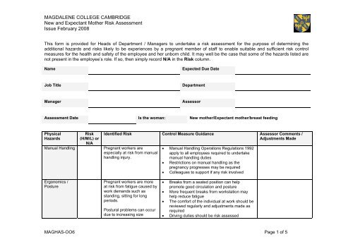 MAGHAS-006 New and Expectant Mothers Risk Assessment