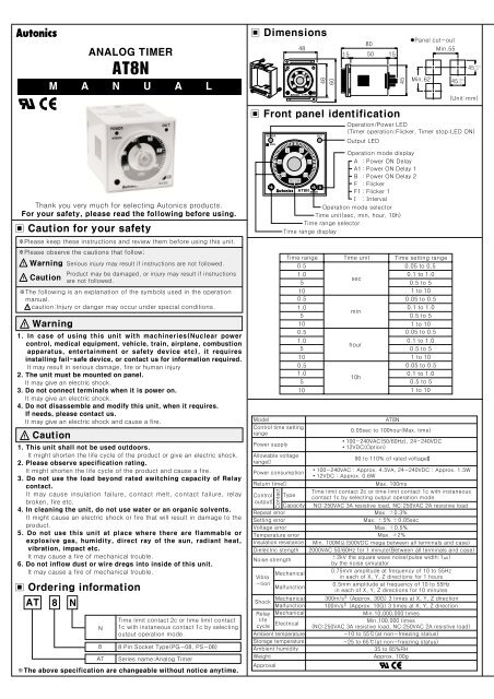 ANALOG TIMER Front panel identification Ordering information ...