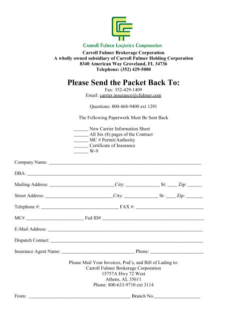 New Carrier Packet - Carroll Fulmer Logistics Corporation