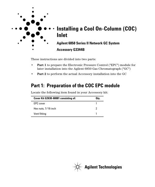 Installing a Cool On-Column (COC) Inlet - Agilent Technologies