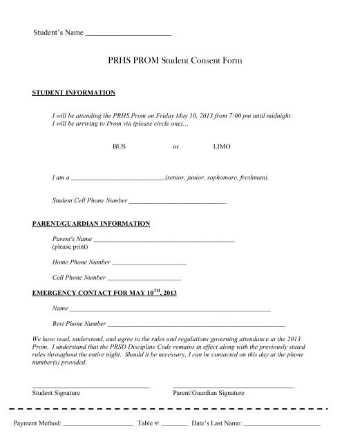 PRHS PROM Student Consent Form - Pine-Richland School District