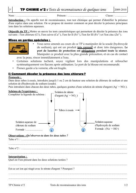TP CHIMIE n°2 : Tests de reconnaissance de quelques ions TP CHIMIE n°2 : Tests de reconnaissance de quelques ions
