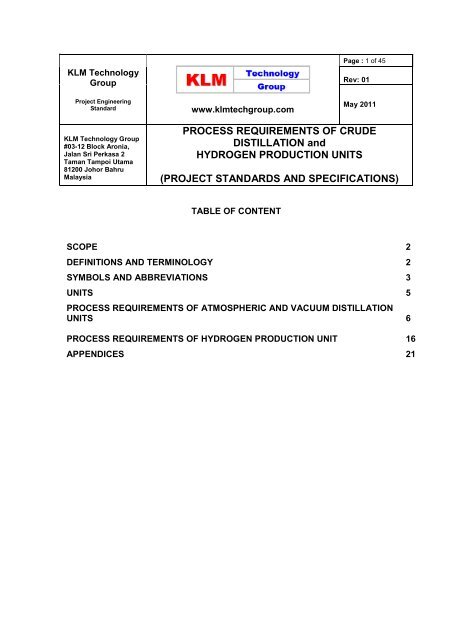 PROJECT STANDARDS AND SPECIFICATIONS - KLM Technology ...