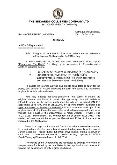 THE SINGARENI COLLIERIES COMPANY LTD. - SCCL Home page