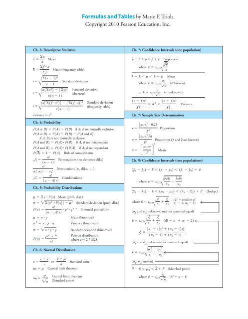 Formulas and Tables