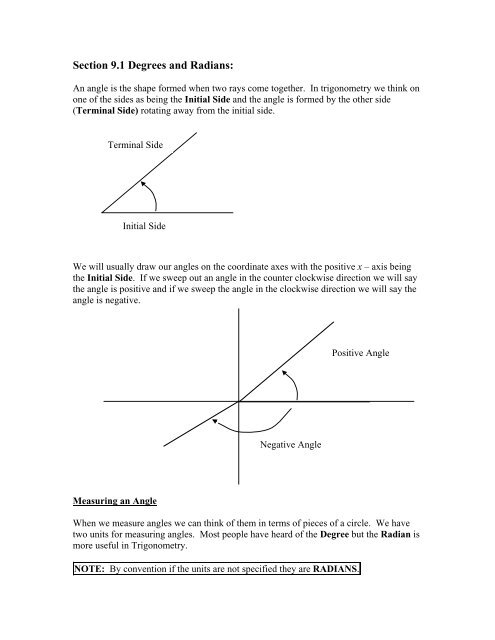 Section 9.1 Degrees and Radians: