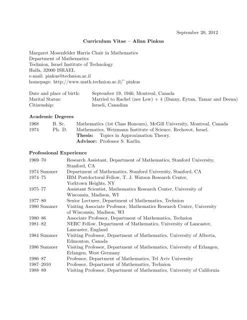 Allan Pinkus - Department of Mathematics