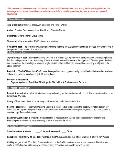 Disabilities Of The Arm Shoulder And Hand Dash