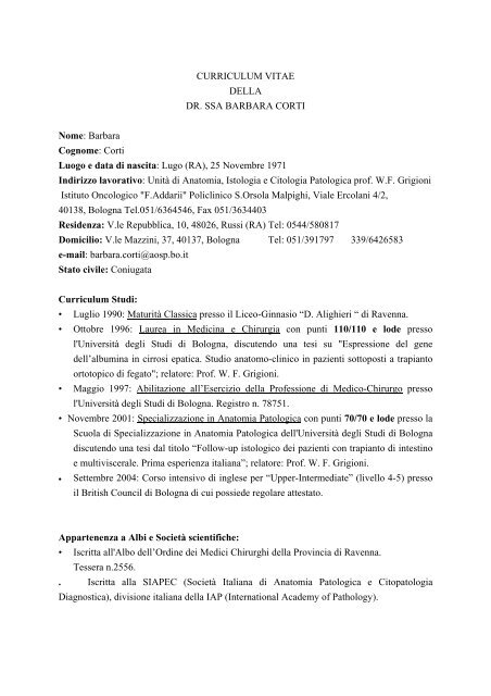 CURRICULUM VITAE DELLA DR. SSA BARBARA CORTI Nome ...