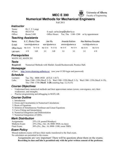 MEC E 390 Numerical Methods for Mechanical Engineers