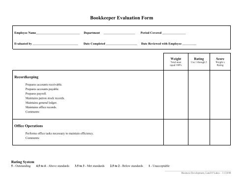 Bookkeeper Evaluation Form - Land O'Lakes Inc.