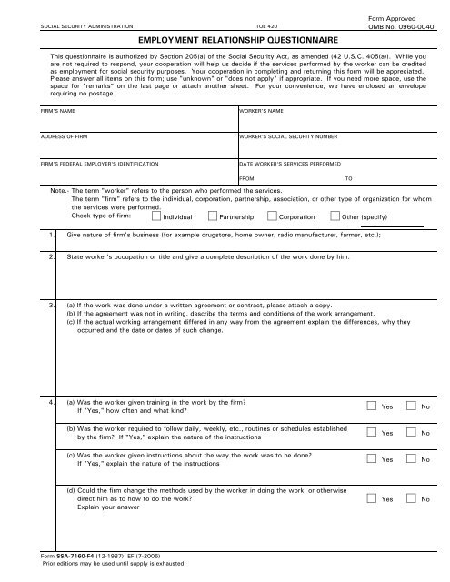 Employment Relationship Questionnaire - Social Security