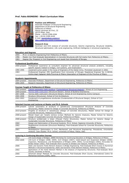 Prof. Fabio BIONDINI - Ingegneria Strutturale - Politecnico di Milano